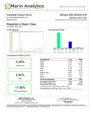 Raspberry Bear Claw CBD Flower - Industrial Hemp Farms